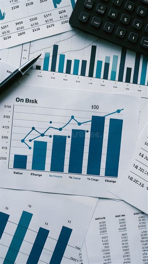 Comprehensive Financial Data Analysis Desk With Blue And White Bar Graphs And Numerical Data