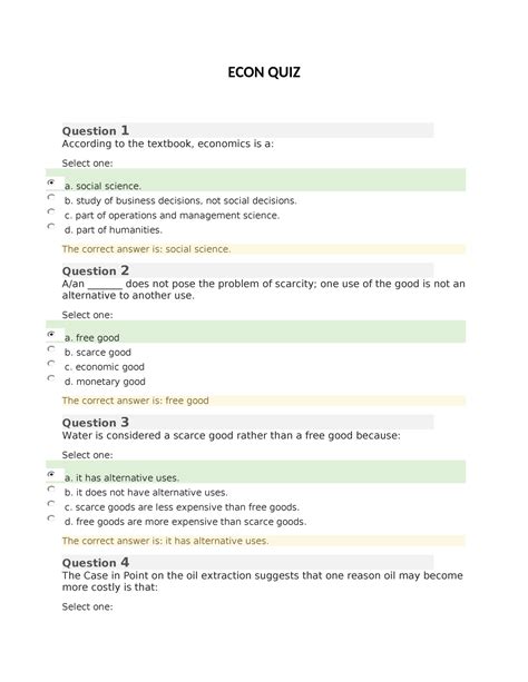 Econ Quiz Quiz ECON QUIZ Question 1 According To The Textbook Economics Is A Select One A