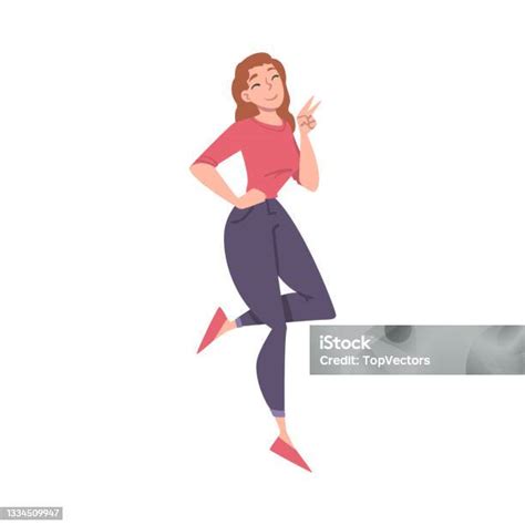 긍정적 인 여성 캐릭터 와 웃는 얼굴 느낌 기쁘게 하 고 높은 영혼에 보여주는 V 기호 제스처 벡터 일러스트 개념에 대한 스톡 벡터 아트 및 기타 이미지 Istock