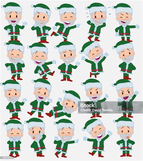 만화 캐릭터 그린 산타 클로스 다른 자세 태도와 포즈 벡터 벡터 그림에 다양 한 활동을 하 고 긍정적인 태도에 항상 설정 합니다 귀여운에 대한 스톡 벡터 아트 및 기타