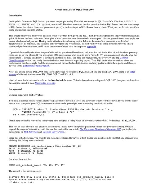 arrays and lists in sql server 2005 pdf sql subroutine