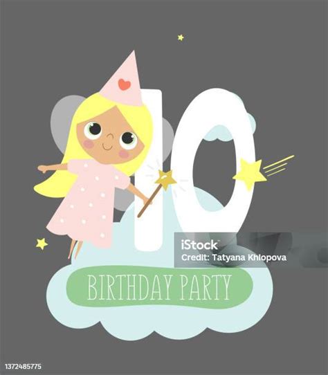 귀여운 작은 요정과 번호 10 생일 카드 벡터 일러스트 만화 스타일 어린이 파티 엽서 포스터 초대장 배너 및 인쇄를 위한 일러스트레이션입니다 공주에 대한 스톡 벡터 아트 및