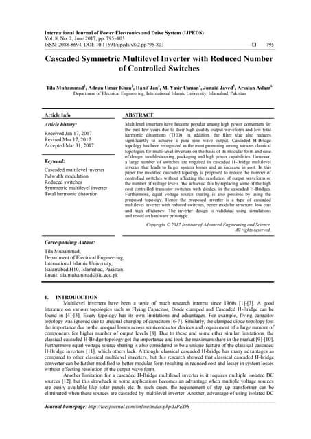 Cascaded Symmetric Multilevel Inverter With Reduced Number Of