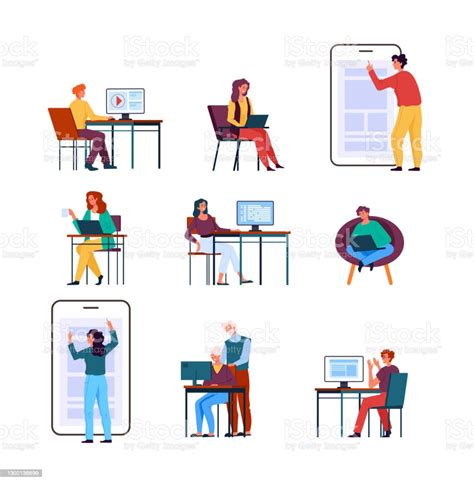 프리랜서 사람들은 집에서 일하고 Laptp 및 스마트 폰 개념을 사용하여 일합니다 벡터 플랫 그래픽 디자인 일러스트 레이션 세트
