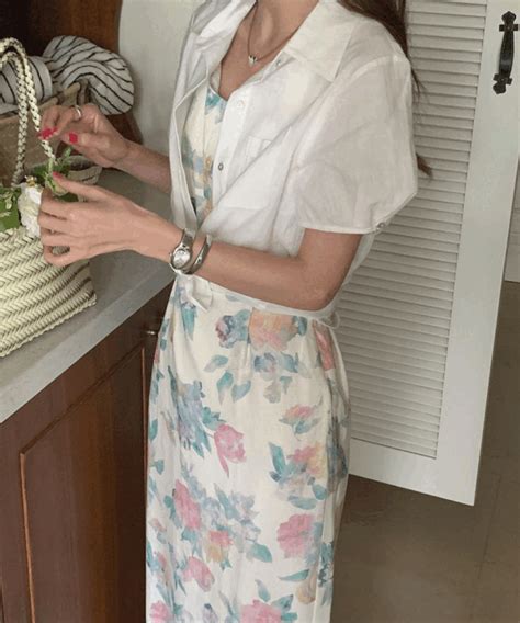 입자마자 극찬 Setup 한벌 상하 세트 셔츠 카라 원피스 꽃무늬 프린트 클래식 화이트 블라우스 탑 상의 슬림핏 단추 결혼식 피로연 하객룩 상견례 엄마돌잔치 30대