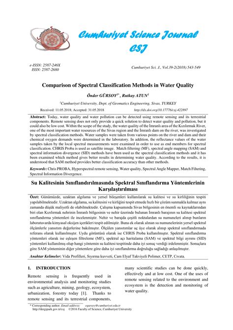 PDF Comparison Of Spectral Classification Methods In Water Quality