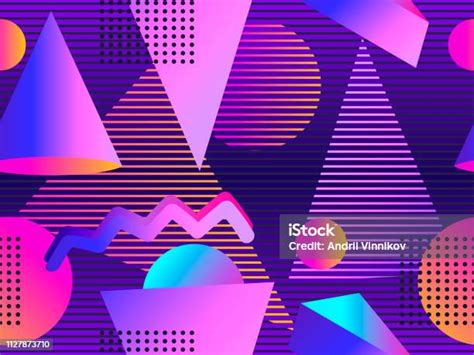 레트로 미래 파 원활한 패턴입니다 80 년대의 스타일에 기하학적 요소입니다 Synthwave 레트로 배경입니다 Retrowave입니다 벡터 일러스트 레이 션 삼각형에 대한