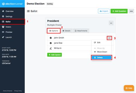 how to delete an option from a ballot question election runner support