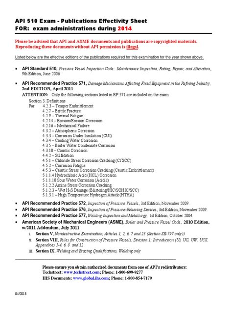 Api 510 Exam Publications Effectivity Sheet For Exam Administrations During Pdf Corrosion