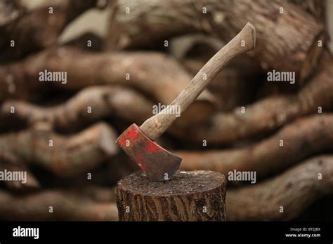 An Axe In A Tree Stump Stock Photo Alamy