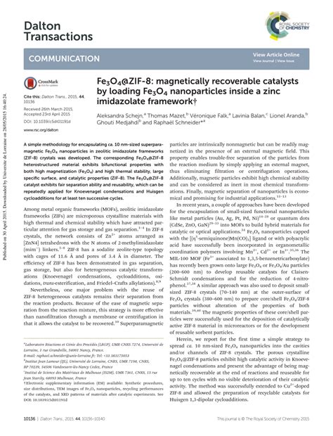pdf fe3o4 zif 8 magnetically recoverable catalysts by loading fe3o4