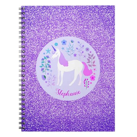 Unicorn Purple Glitter Personalized Name Notebook