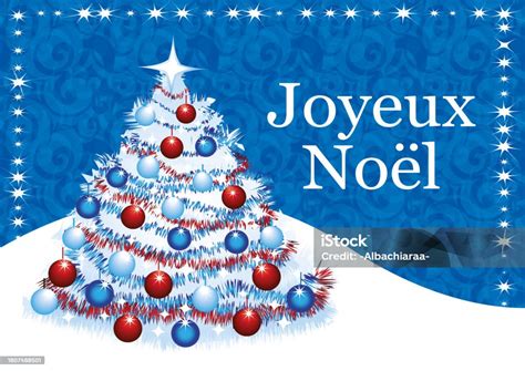 즐거운 성탄절 프랑스어 인사말 카드입니다 흰색 크리스마스 트리와 빨간색과 파란색 장식품이 있는 축제 배경입니다 벡터 일러스트 레이 션입니다 형식 A4 A4 용지에 대한 스톡