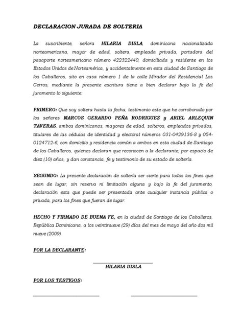 Declaracion Jurada De Solteria Juan Carlos Pdf