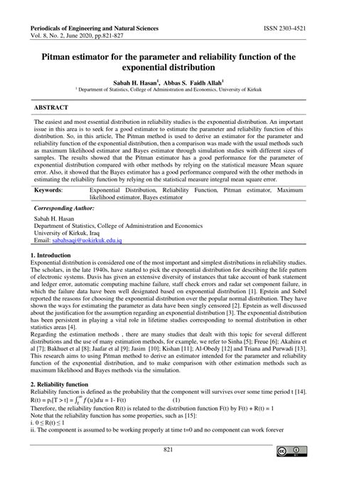 Pdf Pitman Estimator For The Parameter And Reliability Function Of