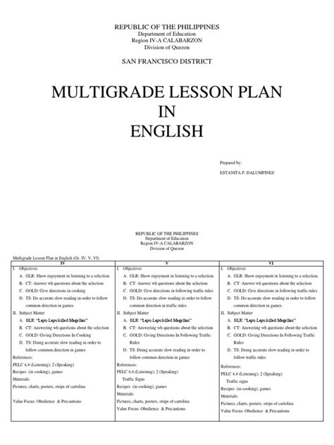 multigrade lesson plan grade 1 and 2