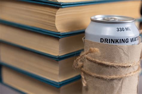 회색 배경에 대한 책 더미와 식수 캔 파란색 하드 커버 책 민물 캔을 종이에 싸서 끈으로 묶습니다 0명에 대한 스톡 사진 및 기타 이미지 Istock