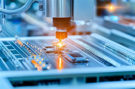 Closeup Of An Automated Robotic Arm Assembling A Circuit Board In A Hightech Facility Showcasing