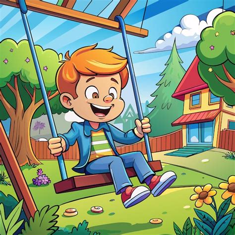 мультфильмный мальчик на качелях с деревом на заднем плане Премиум Ai сгенерированный вектор