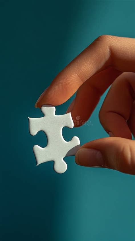 Womans Hand Holds White Jigsaw Puzzle Piece Problem Solving Concept Isolated On Blue