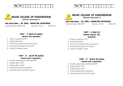UNIT TEST CS RRASE COLLEGE OF ENGINEERING Internal Assessment I Sub Name CS