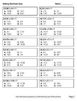 Adding Decimals Quiz Test Assessment Worksheets By WhooperSwan