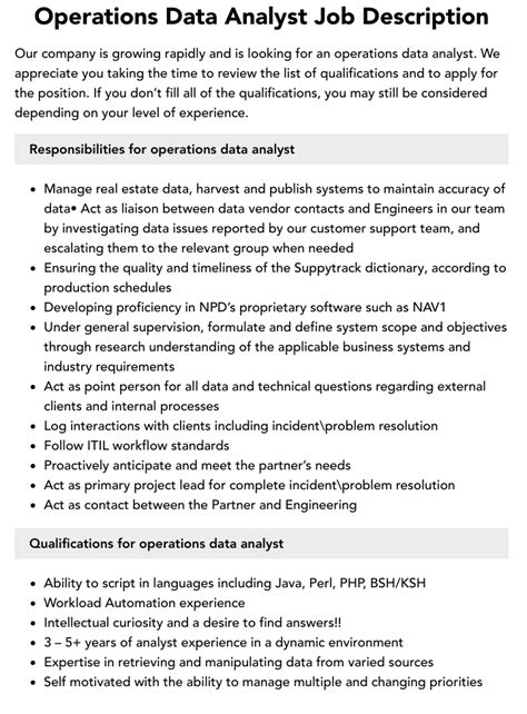Operations Data Analyst Job Description Velvet Jobs