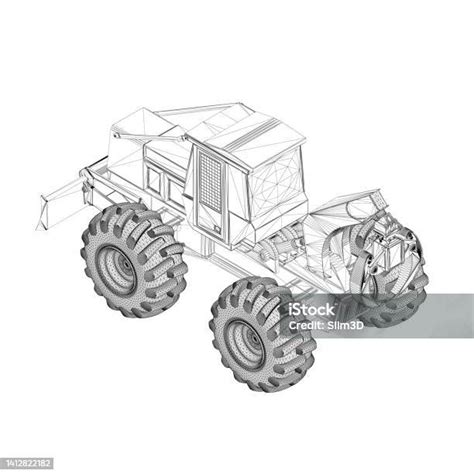 흰색 배경에 고립 된 검은 선에서화물을 들어 올리기위한 집게가있는 산업용 그레이더 트랙터의 와이어 프레임 아이소메트릭 뷰 3d 벡터 일러스트레이션 스케치에 대한 스톡 벡터