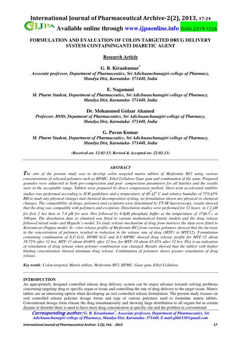 Pdf Formulation And Evaluation Of Colon Targeted Drug Delivery System