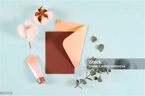 빈 종이 봉투 초대편지 유칼립투스 잎 크림 항아리와 파란색 배경에 면화 꽃 모형 평면 평신도 상단보기 천연 유기농 미용 제품 0