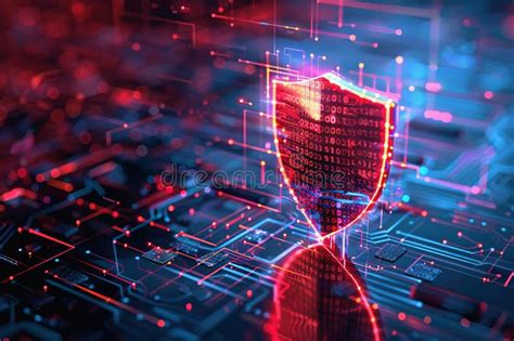 Digital Security Shield With Binary Code And Circuitry On A Dynamic Red And Blue Background