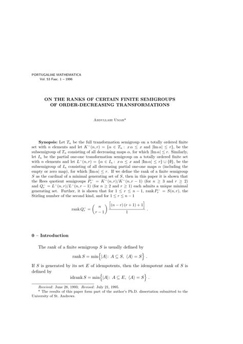 Pdf On The Ranks Of Certain Finite Semigroups Of Order Decreasing Transformations