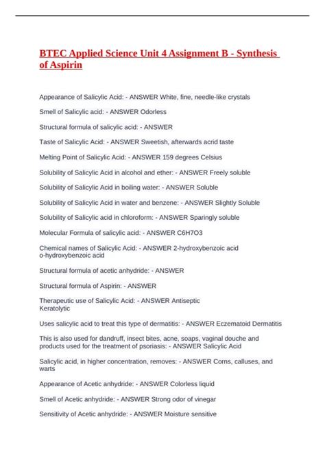 Btec Applied Science Unit 4 Assignment B Synthesis Of Aspirin Btec Applied Science Unit 4