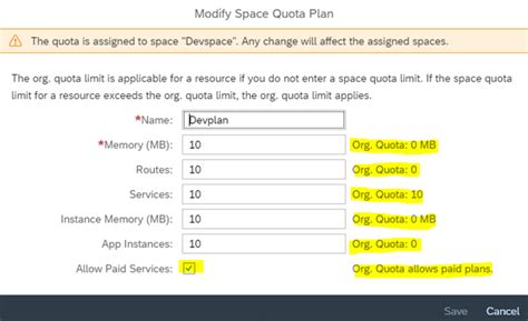 how to add organization quota for cloud foundry in sap community