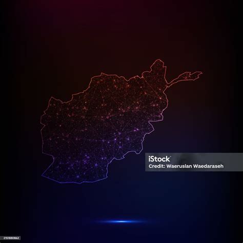 아프가니스탄지도 개요 별과 선 여러 색상 추상 프레임 워크 어두운 배경에 미래 지향적인 낮은 다각형 와이어 프레임 선 및 점