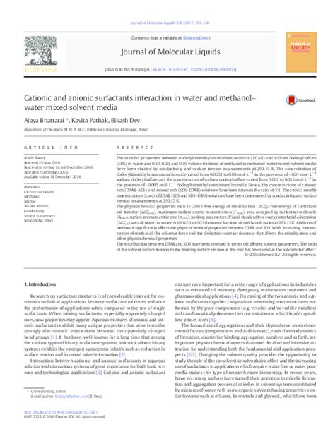 Pdf Cationic And Anionic Surfactants Interaction In Water And Methanol Water Mixed Solvent Media