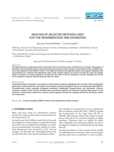 Pdf Analysis Of Selected Methods Used For The Reverberation Time Estimation
