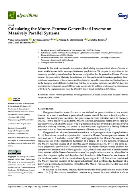 Pdf Calculating The Moorepenrose Generalized Inverse On Massively Parallel Systems