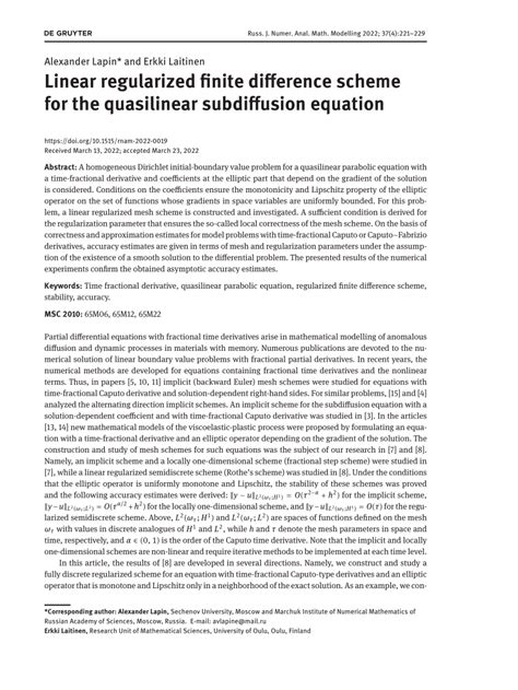 Pdf Linear Regularized Finite Difference Scheme For The Quasilinear Subdiffusion Equation