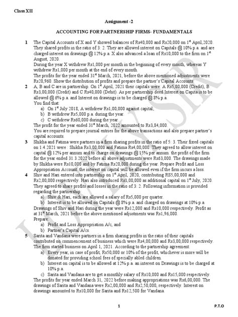 Class Xii Assignment 2 Accounting For Partnership Firms Fundamentals