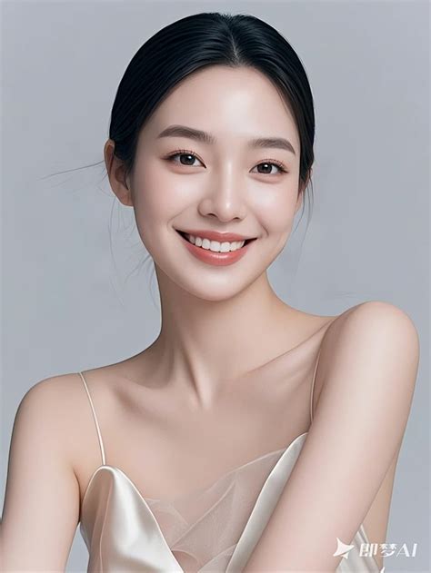亚洲气质女，人像摄影，8k 清晰的皮肤纹理，汗毛，面部特写，35mm，景深，白皮肤，拍摄腰部，纯色背景，微笑，面部透亮光泽，穿着绸缎衣服（与薄纱的服饰） 2 花瓣网