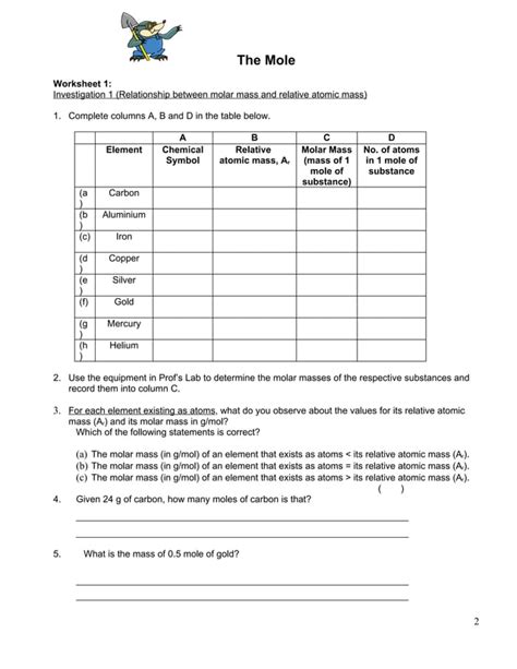 Mole And Molar Mass Notes Doc Chemistry Science