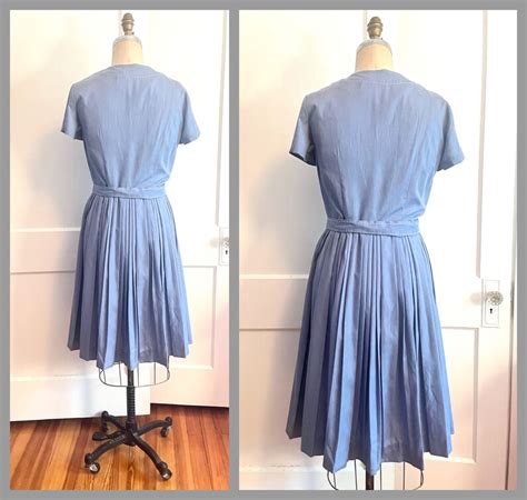 Vintage 1950s Shirt Waist Dress Chambray Blue With Decorative White Stitching New Look