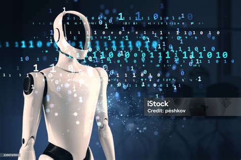 기술 중심 환경에서 디지털 바이너리 코드를 사용하는 미래형 휴머노이드 로봇 3d 렌더링 0명에 대한 스톡 사진 및 기타 이미지 0명 3차원 형태 개념 Istock
