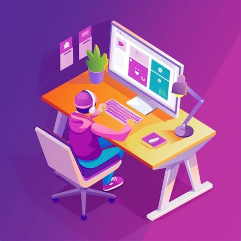 Isometric Illustration Of A Work Station And Computer In Vector Style