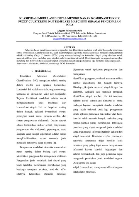 Pdf Klasifikasi Modulasi Digital Menggunakan Kombinasi Teknik Fuzzy Clustering Dan Template