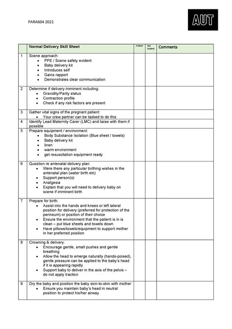 normal delivery and neonatal resuscitation skills sheets para604 2021 normal delivery skill