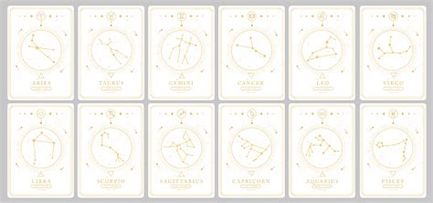 하늘에 점성술 조디악 별자리가 있는 현대 마법 마법 카드 세트 조디악 특성 조디악 아이콘 벡터 일러스트 레이 션 타로 카드에