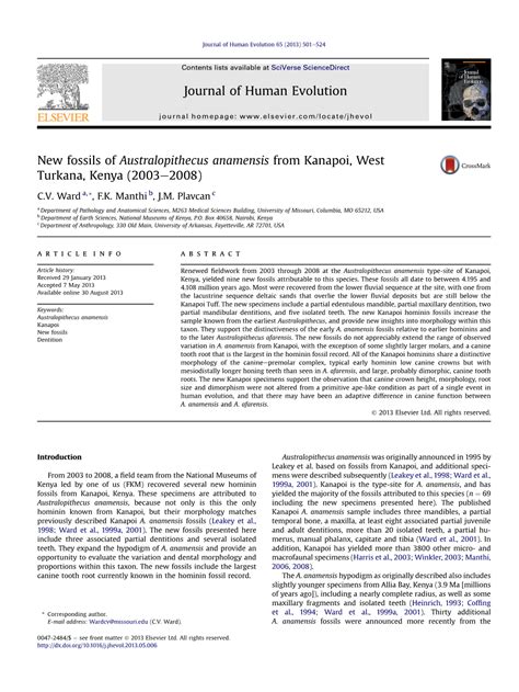 New Fossils Of Australopithecus Anamensis From Kanapoi West Turkana