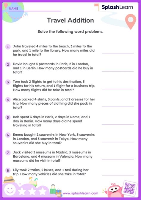 Add 3 Numbers Within 10 Travel Word Problems — Printable Math Worksheet